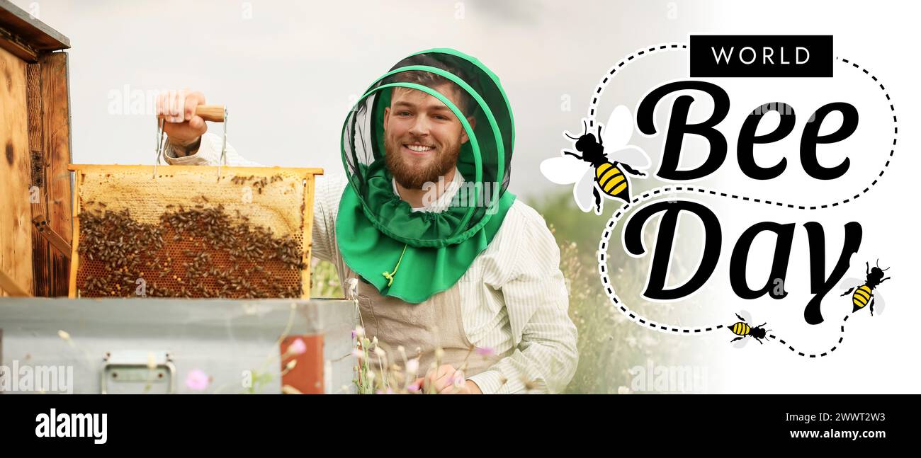 Banner for World Bee Day with beekeeper at apiary Stock Photo - Alamy