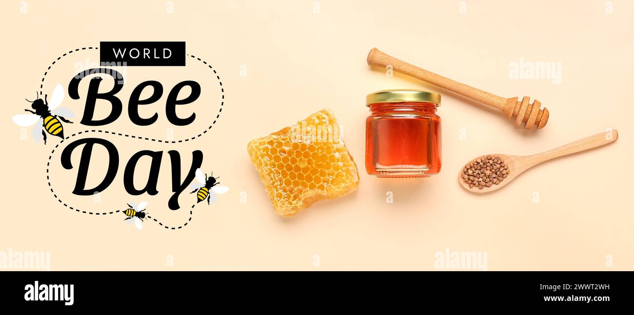Banner for World Bee Day with buckwheat honey Stock Photo - Alamy