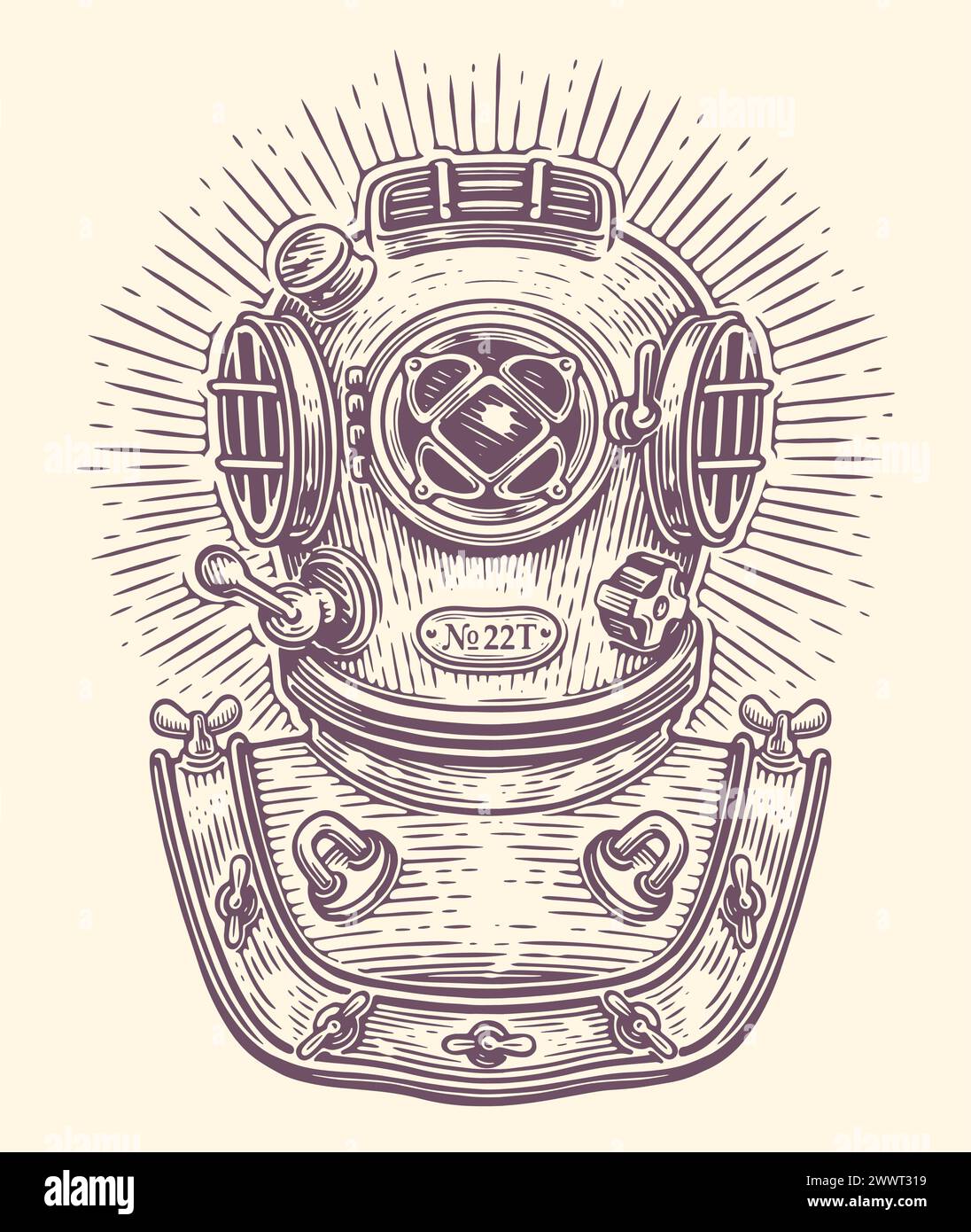 Diving helmet sketch. Diver equipment for deep-sea diving. Vintage ...