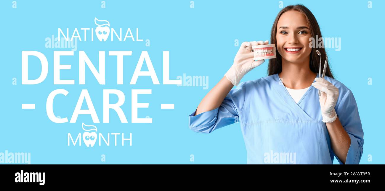 Banner for National Dental Care Month with happy female dentist Stock ...