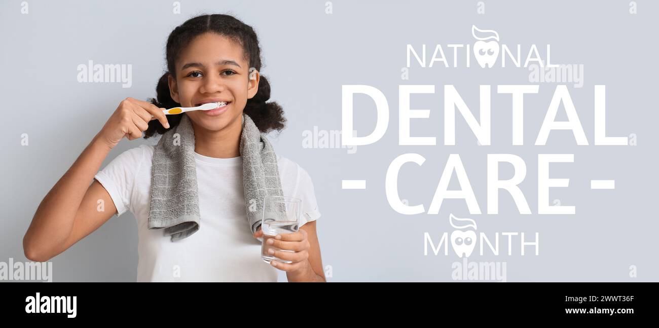 Banner for National Dental Care Month with African-American teenage ...