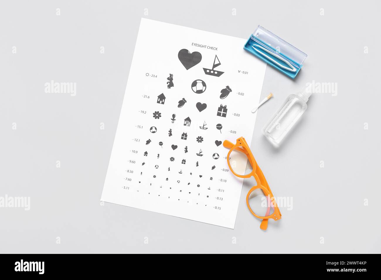 Stylish eyeglasses with eye test chart, tweezers and solution for ...