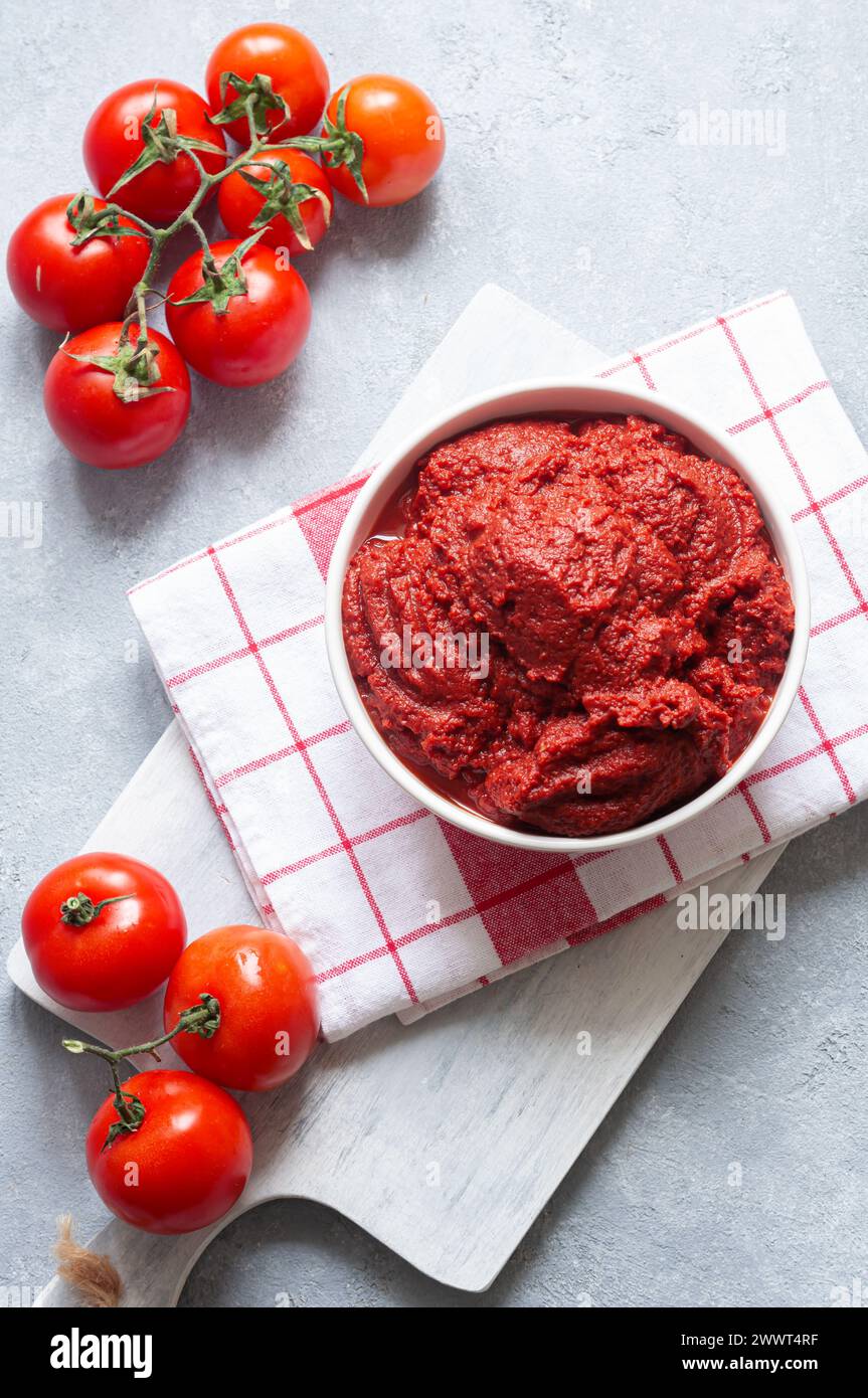 Traditional turkish tomato paste in bowl with fresh tomatoes on rustic ...