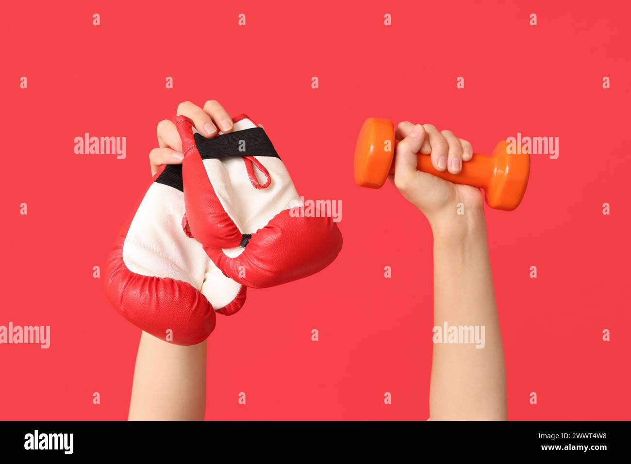 Female hands with boxing gloves and dumbbell on red background, closeup ...