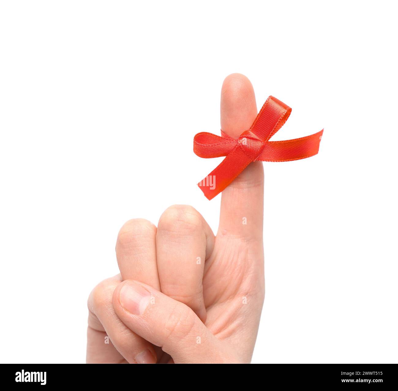 Female hand with red bow on index finger against white background ...