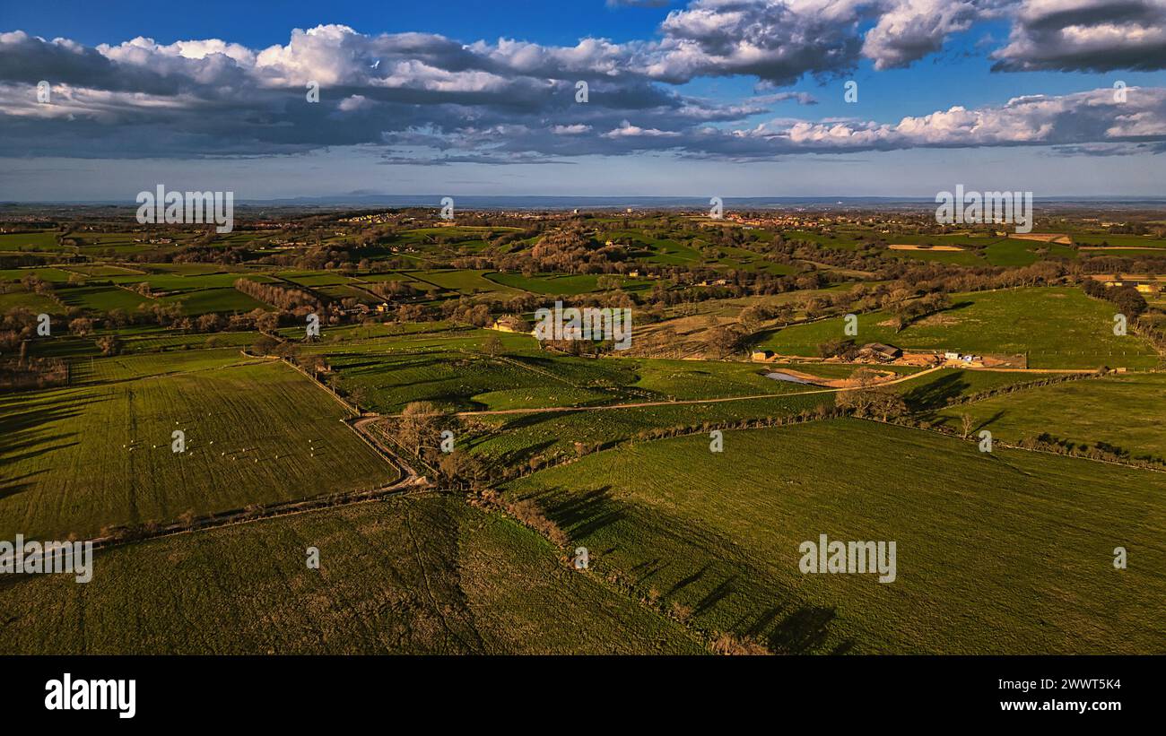Scenic aerial view of lush green countryside with fields, trees, and a ...