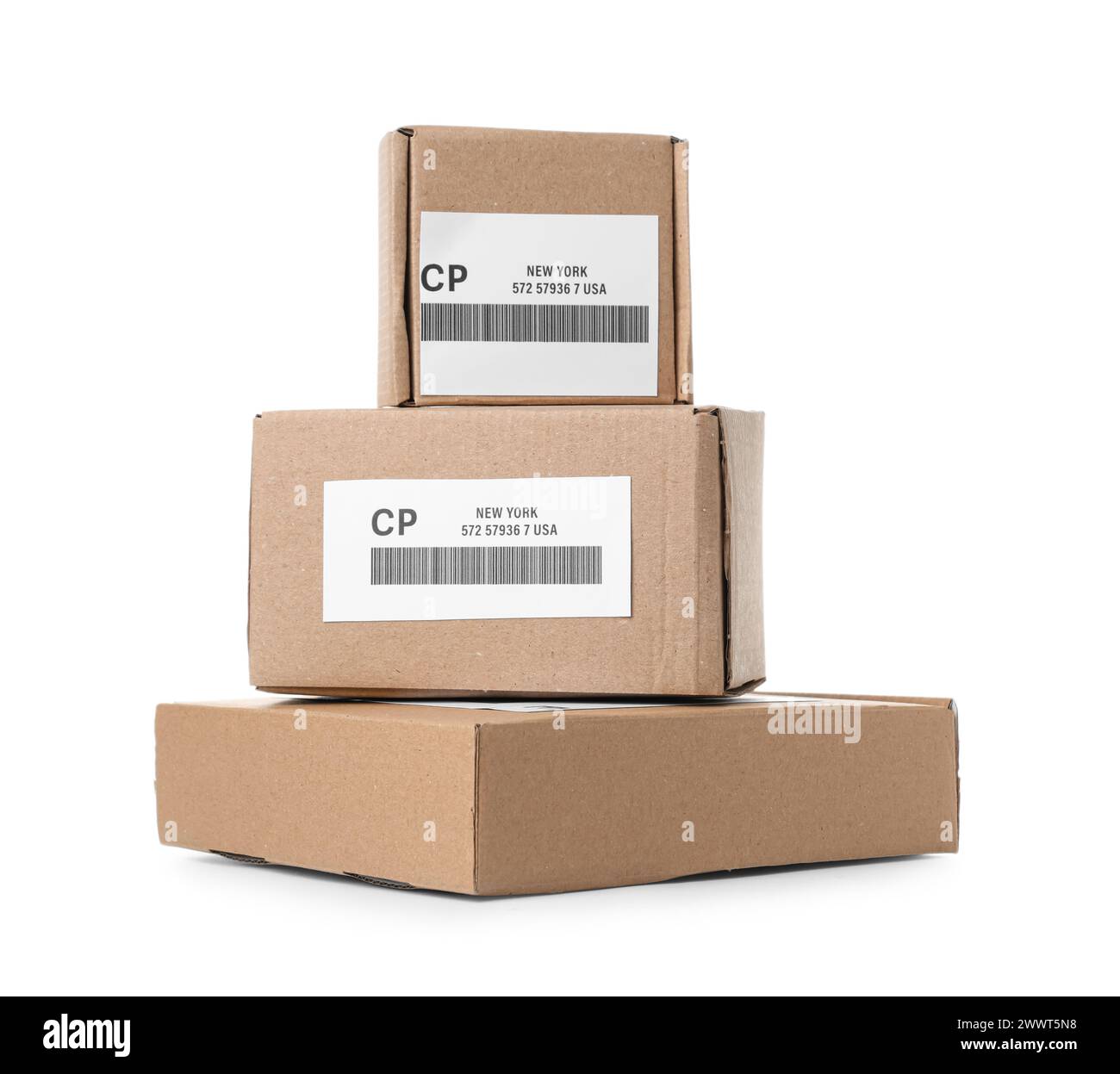 Cardboard packages with shipping labels and barcodes on white ...