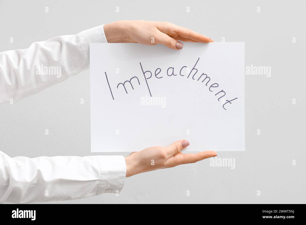 Woman holding IMPEACHMENT picket poster on white background Stock Photo ...