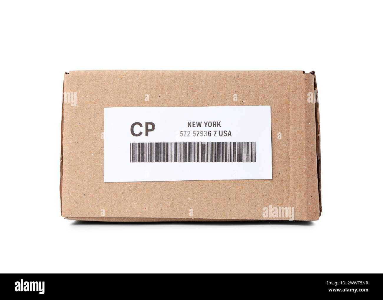 Cardboard package with shipping label and barcode on white background ...