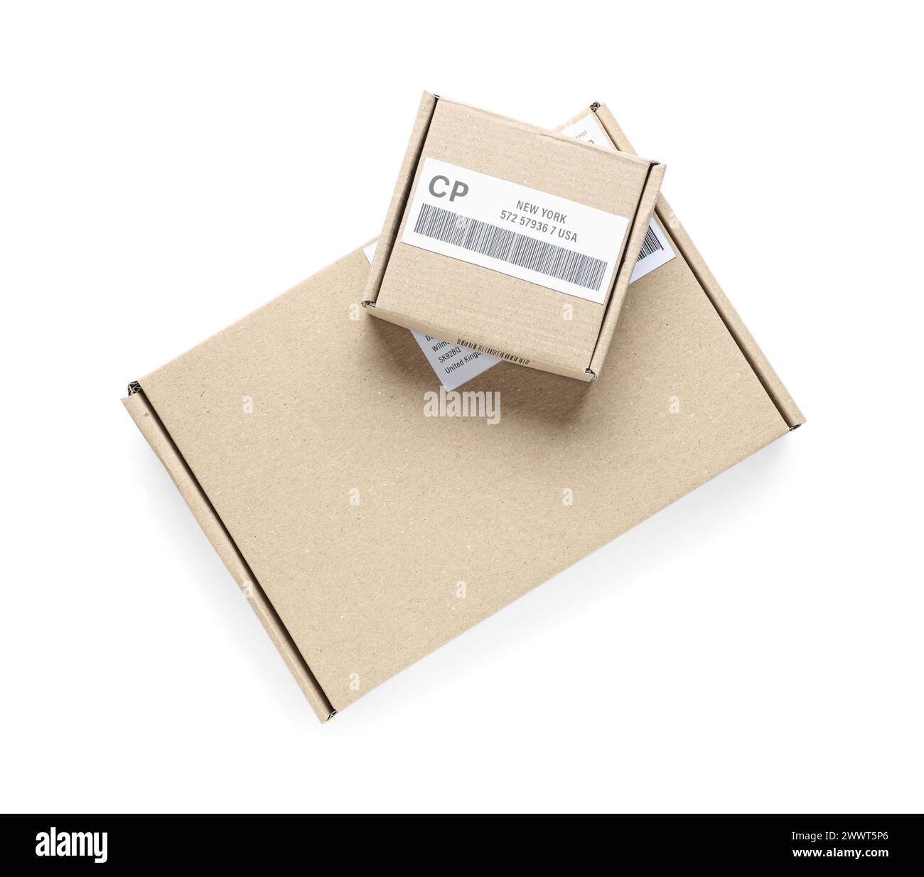 Cardboard packages with shipping label and barcode on white background ...