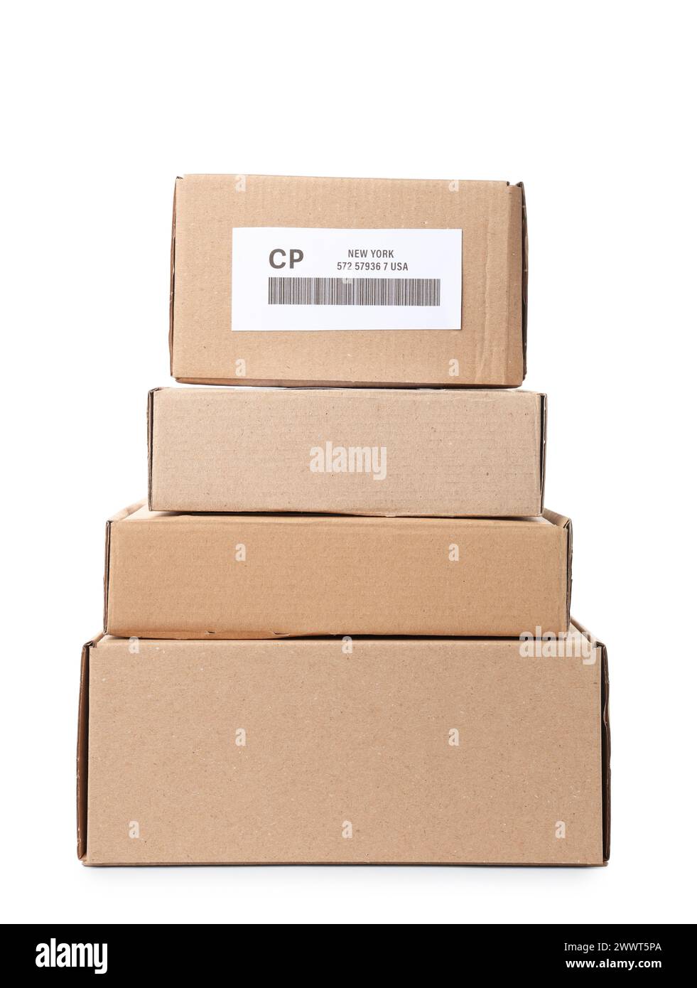 Cardboard packages with shipping label and barcode on white background ...