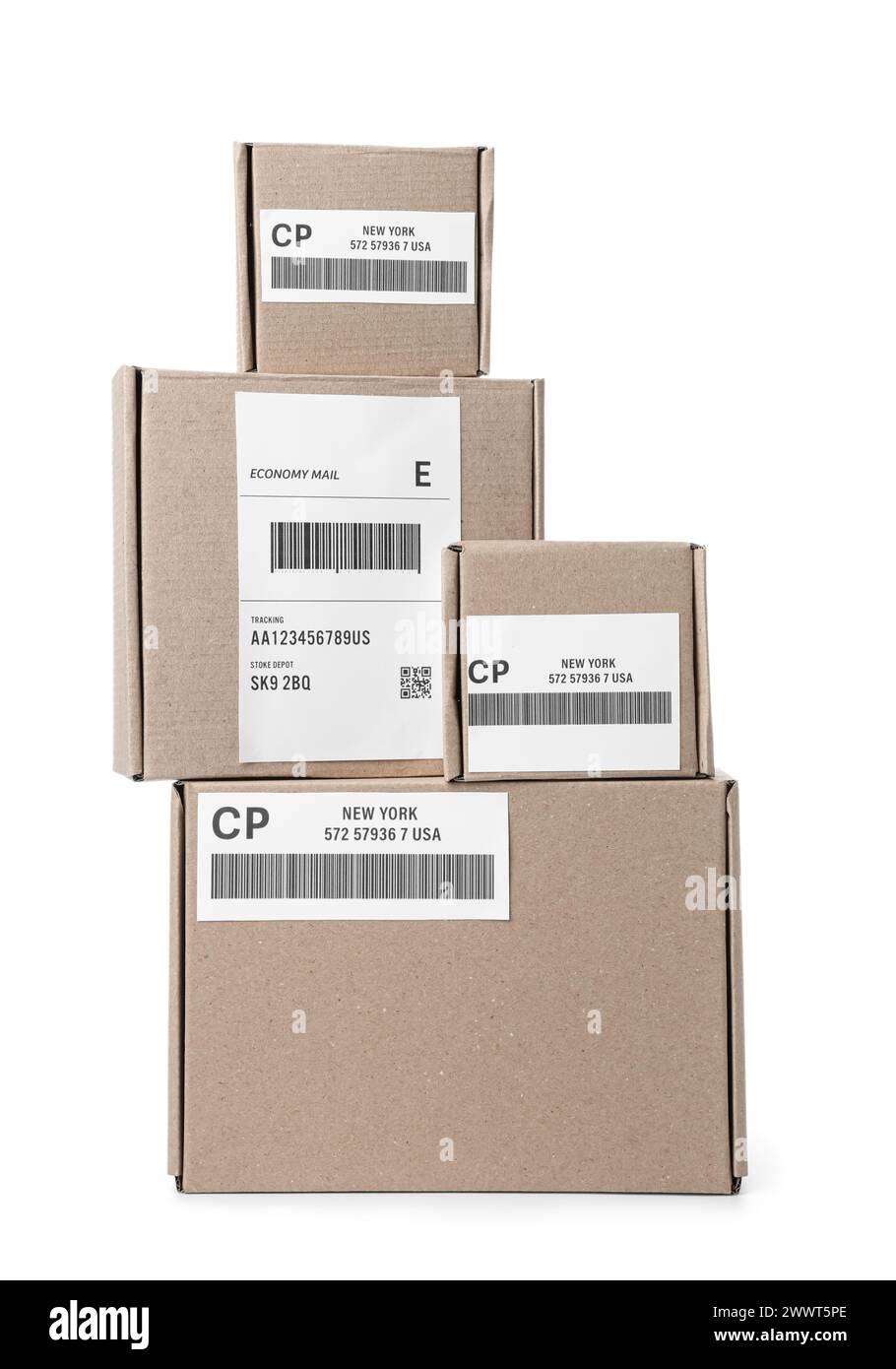 Cardboard packages with shipping labels and barcodes on white ...
