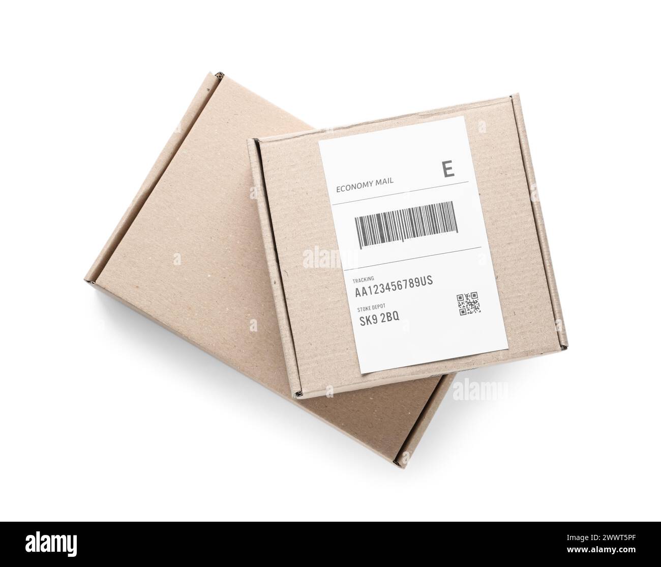 Cardboard packages with shipping label and barcode on white background ...