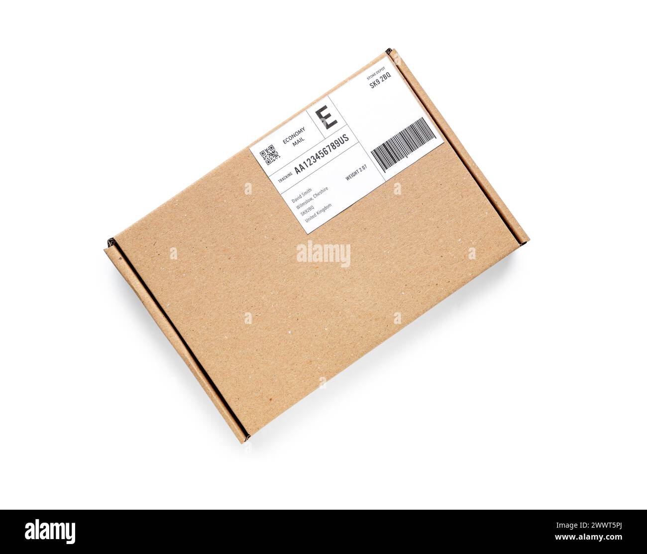 Cardboard packages with shipping label and barcode on white background ...