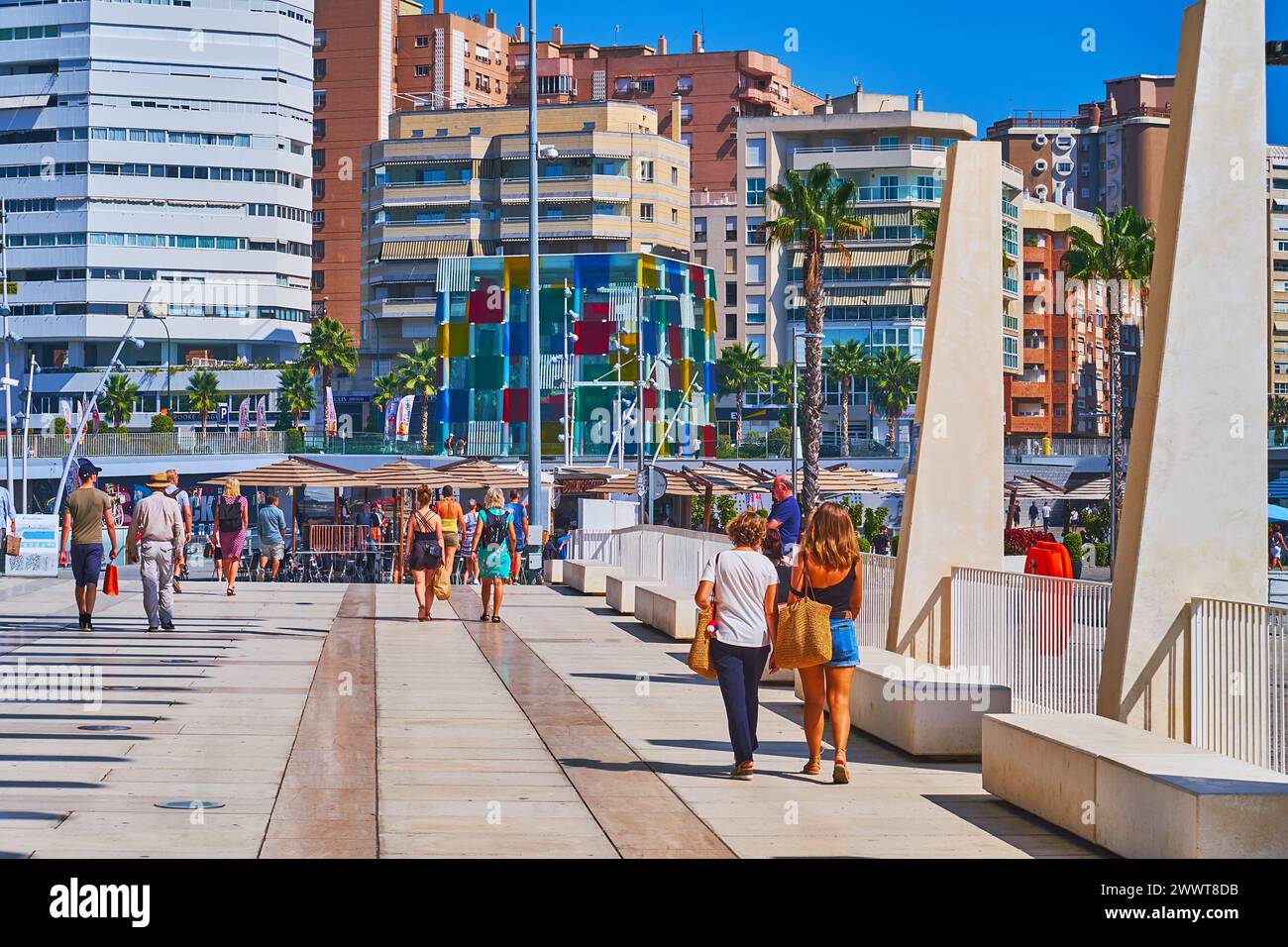 MALAGA, SPAIN - SEPT 28, 2019: The modern promenade of Malaga Port with ...