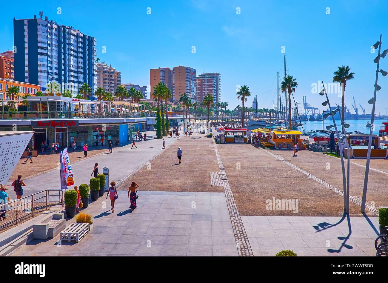MALAGA, SPAIN - SEPT 28, 2019: Malaga Port with line of shops and ...