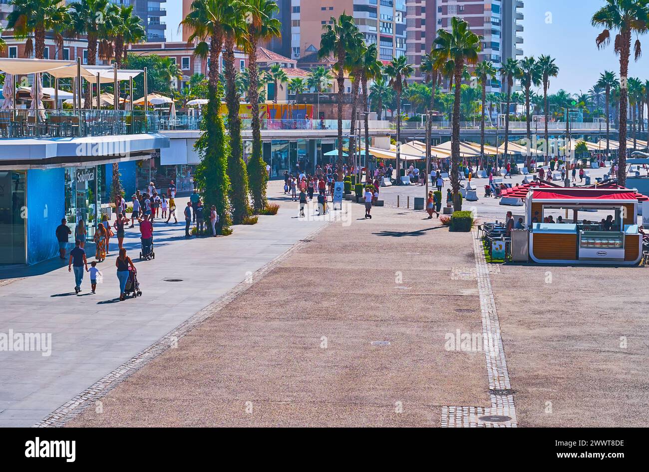 MALAGA, SPAIN - SEPT 28, 2019: The modern pedestrian zone in Malaga ...