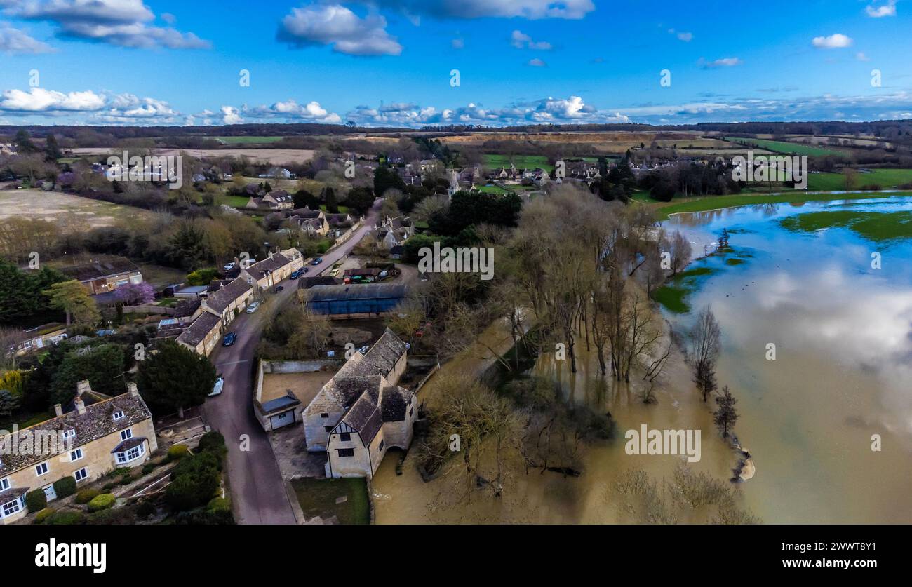 An aerial view over the River Welland floodplain and the village of ...
