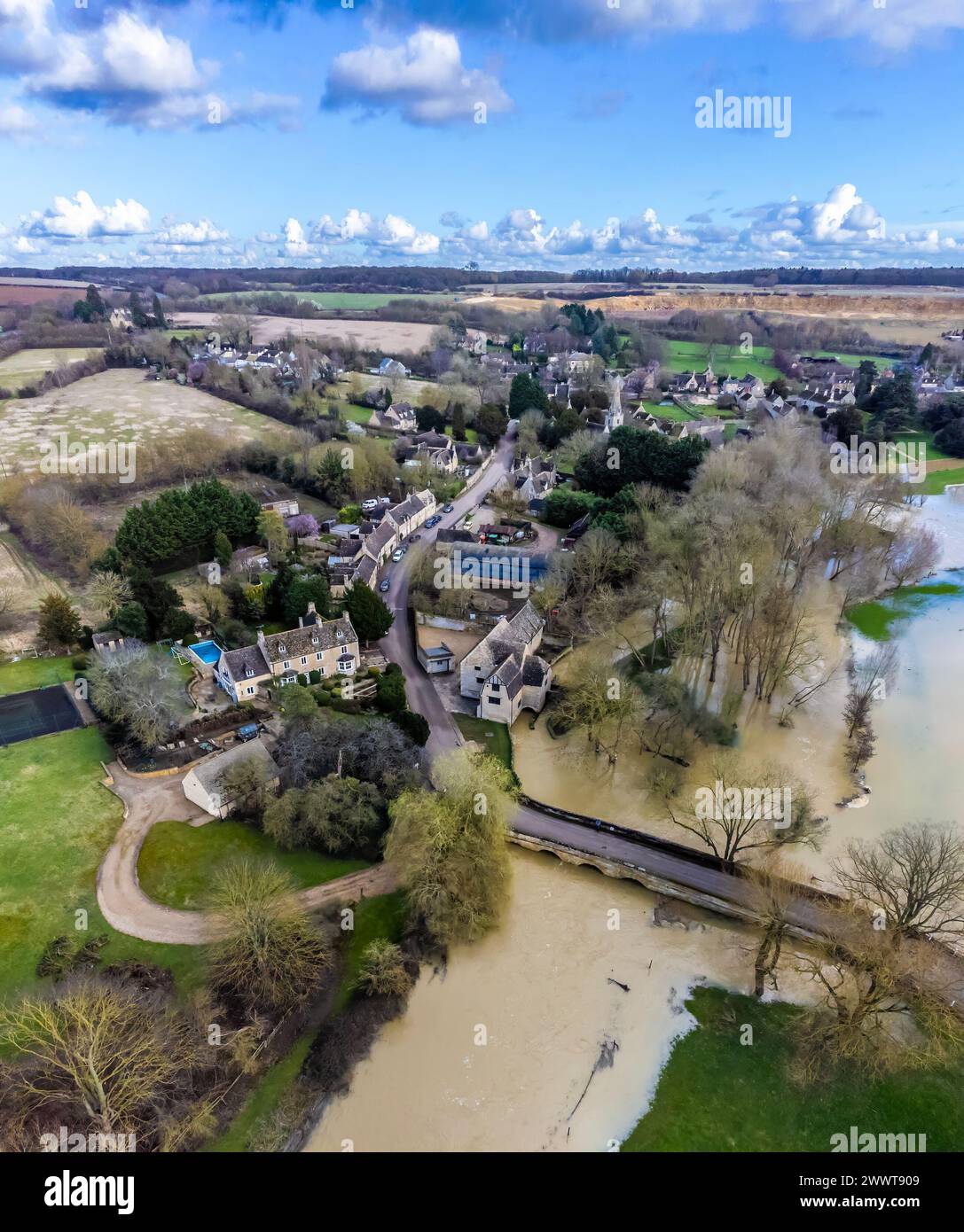 An aerial view over countryside around the village of Duddington, UK on ...