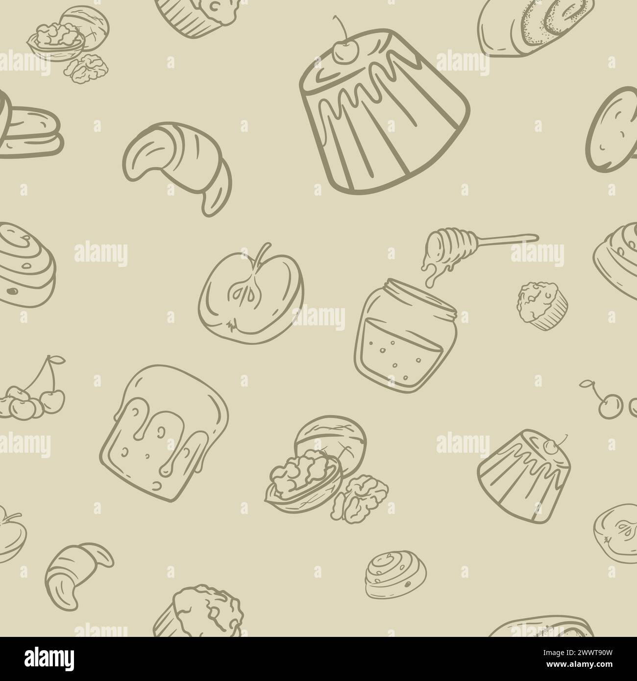 Vector seamless pattern with baked goods, fruits and ingredients ...