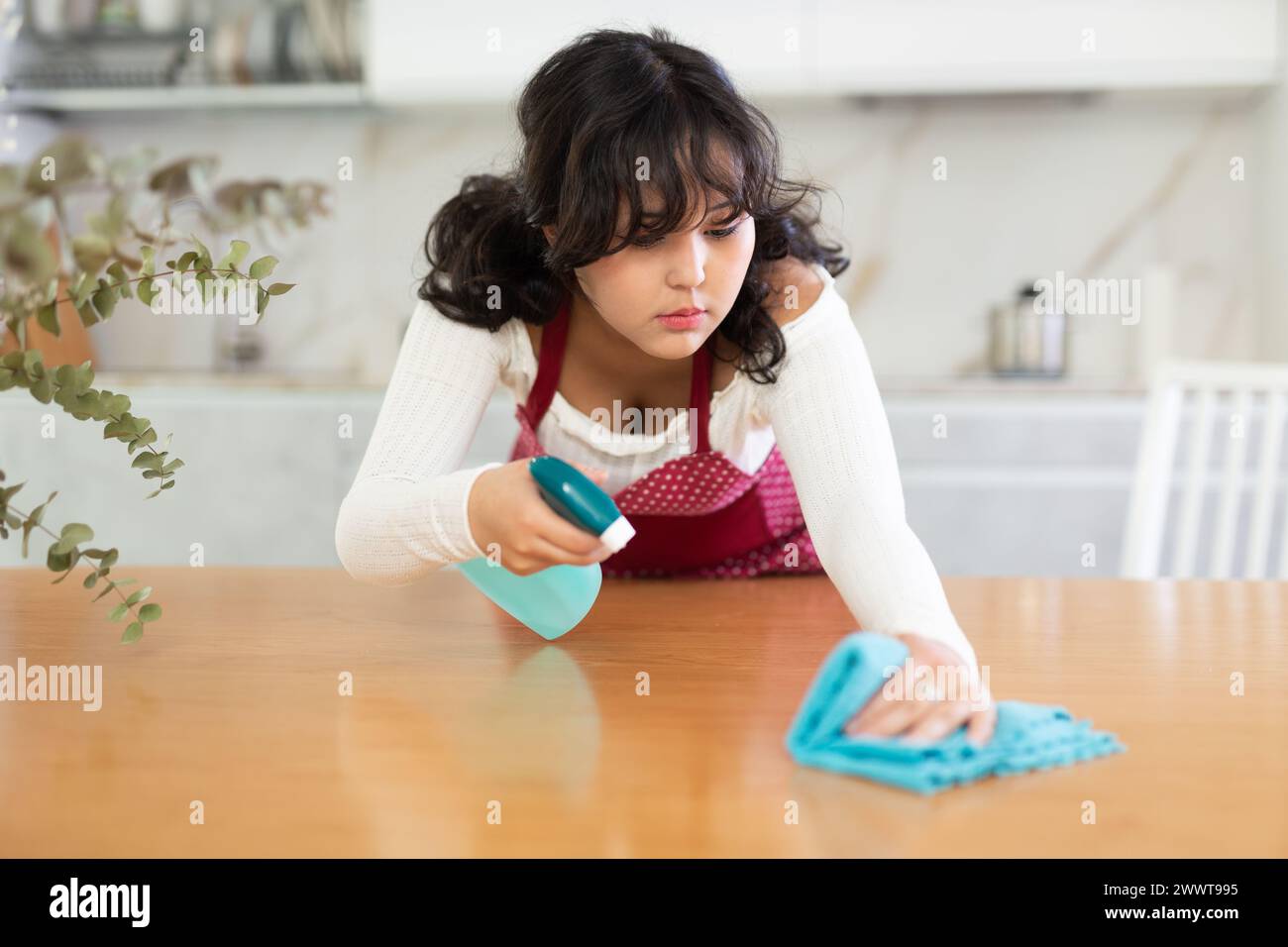 Housewife cleaning table surface with rag in modern kitchen Stock Photo ...