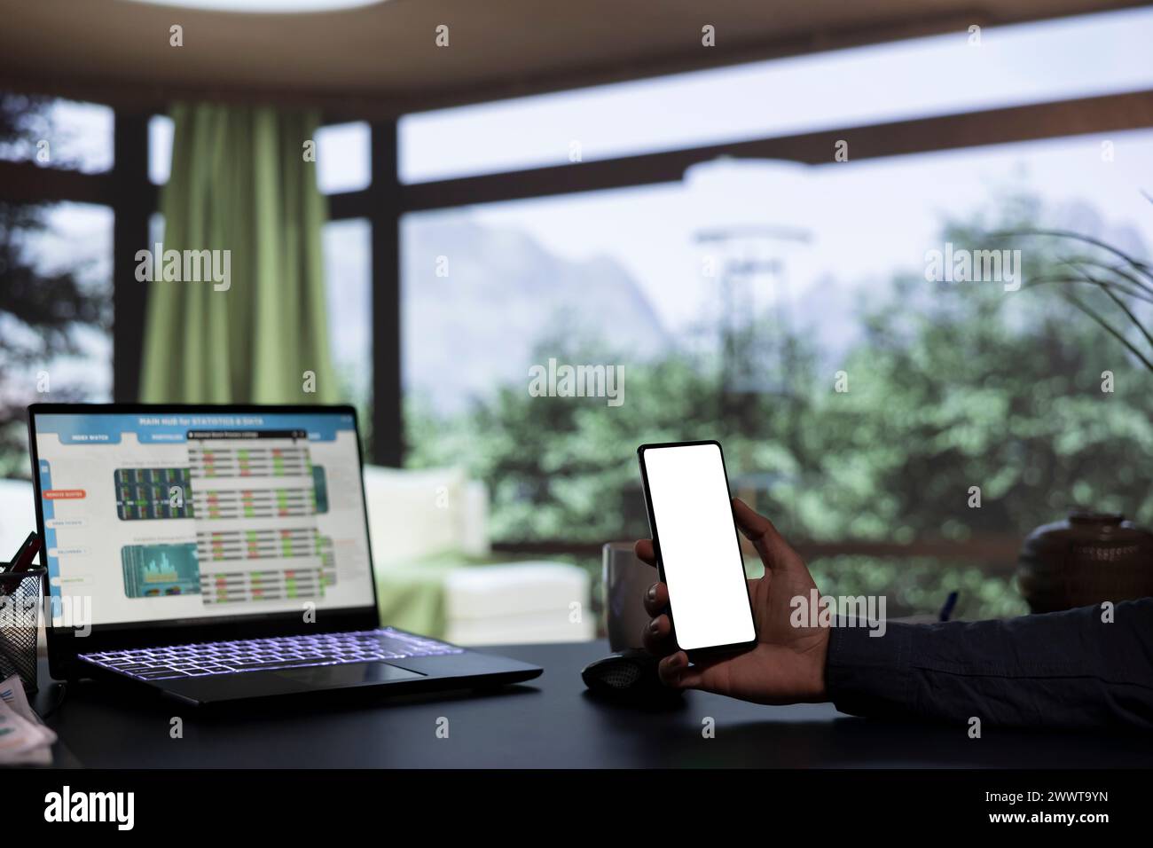 Influential CEO holding phone with white screen layout, working from ...