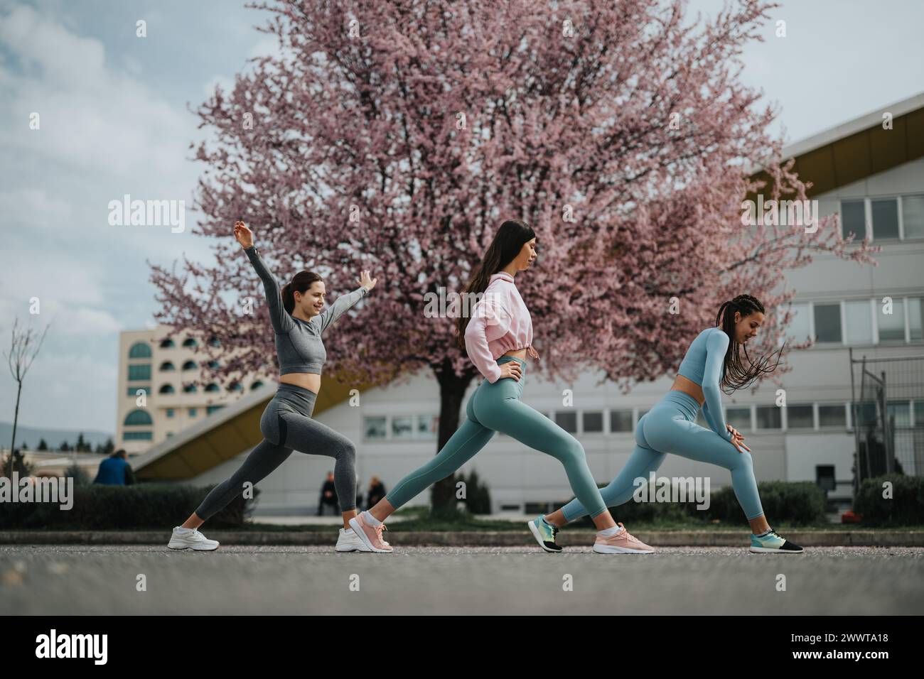 Active women doing stretching exercises in an urban park in spring Stock Photo - Alamy