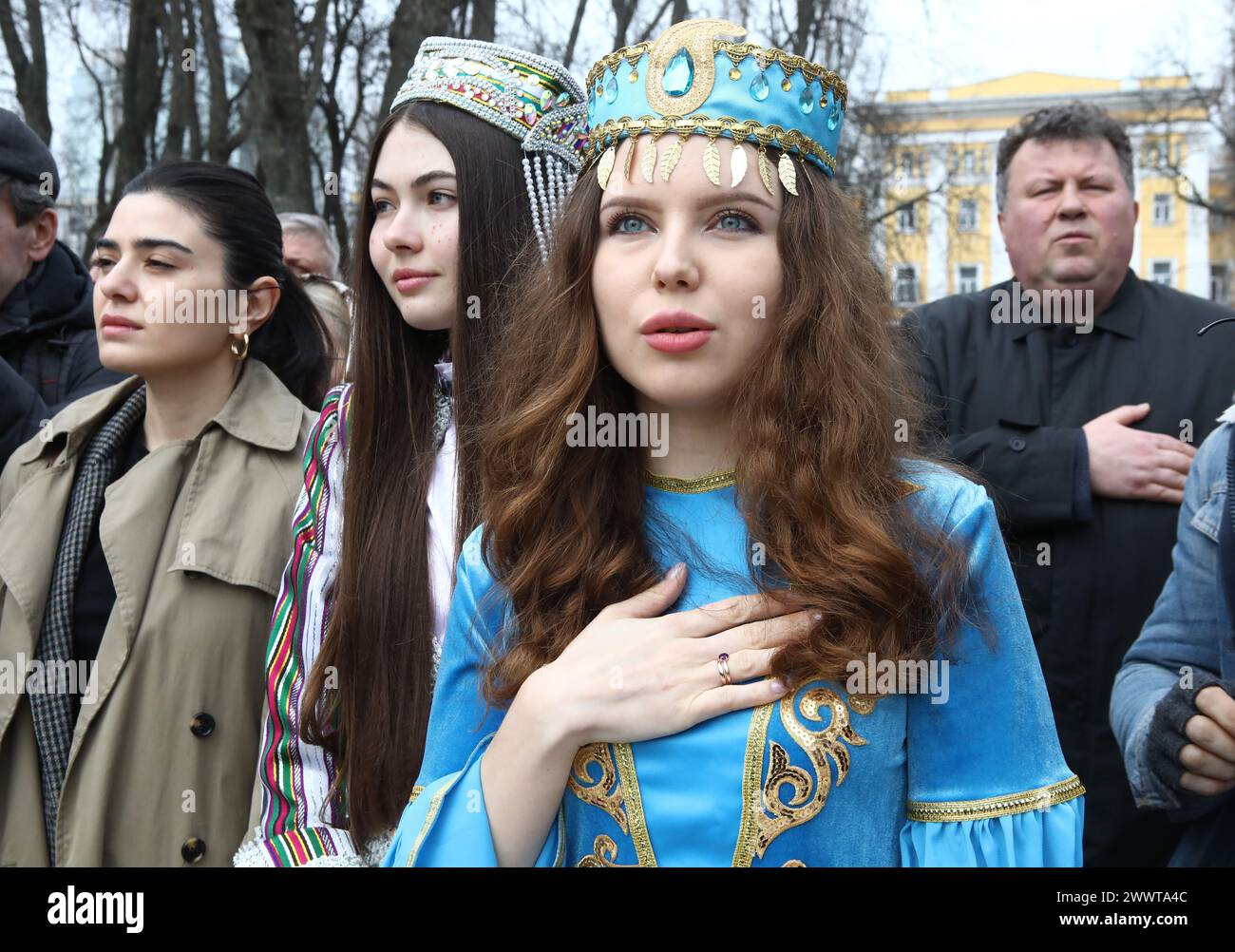 KYIV, UKRAINE - MARCH 23, 2024 - A participant wears a national costume ...