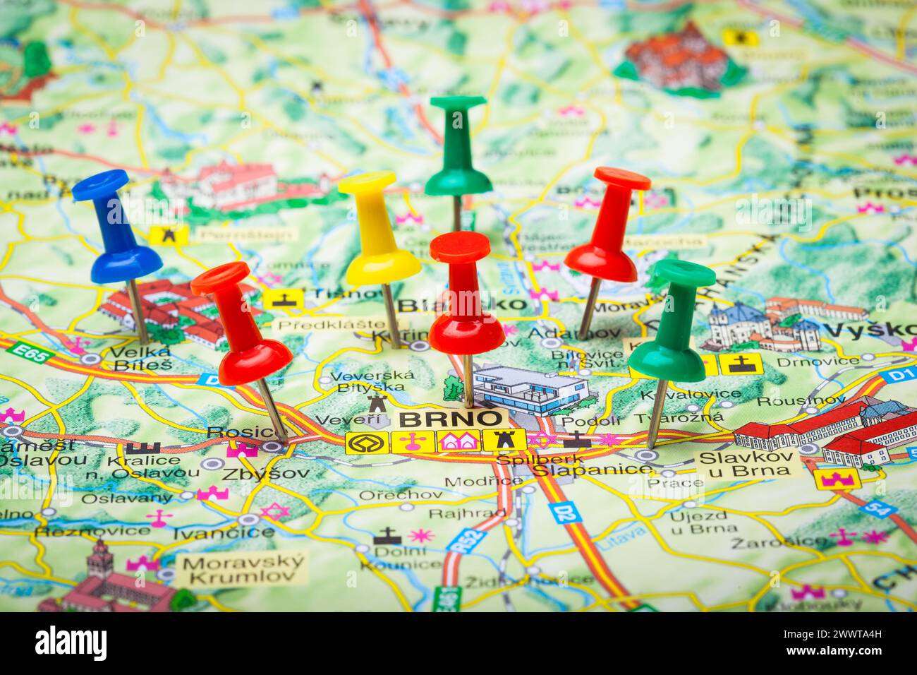 Travel destination points on a map indicated with colorful thumbtacks ...