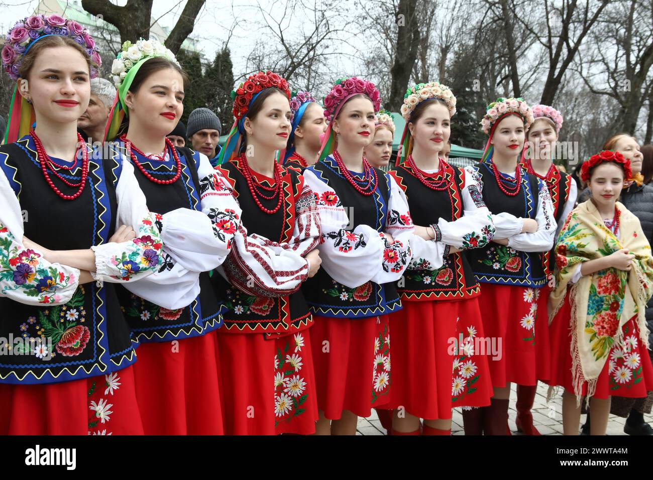 KYIV, UKRAINE - MARCH 23, 2024 - Participants wear Ukrainian national ...