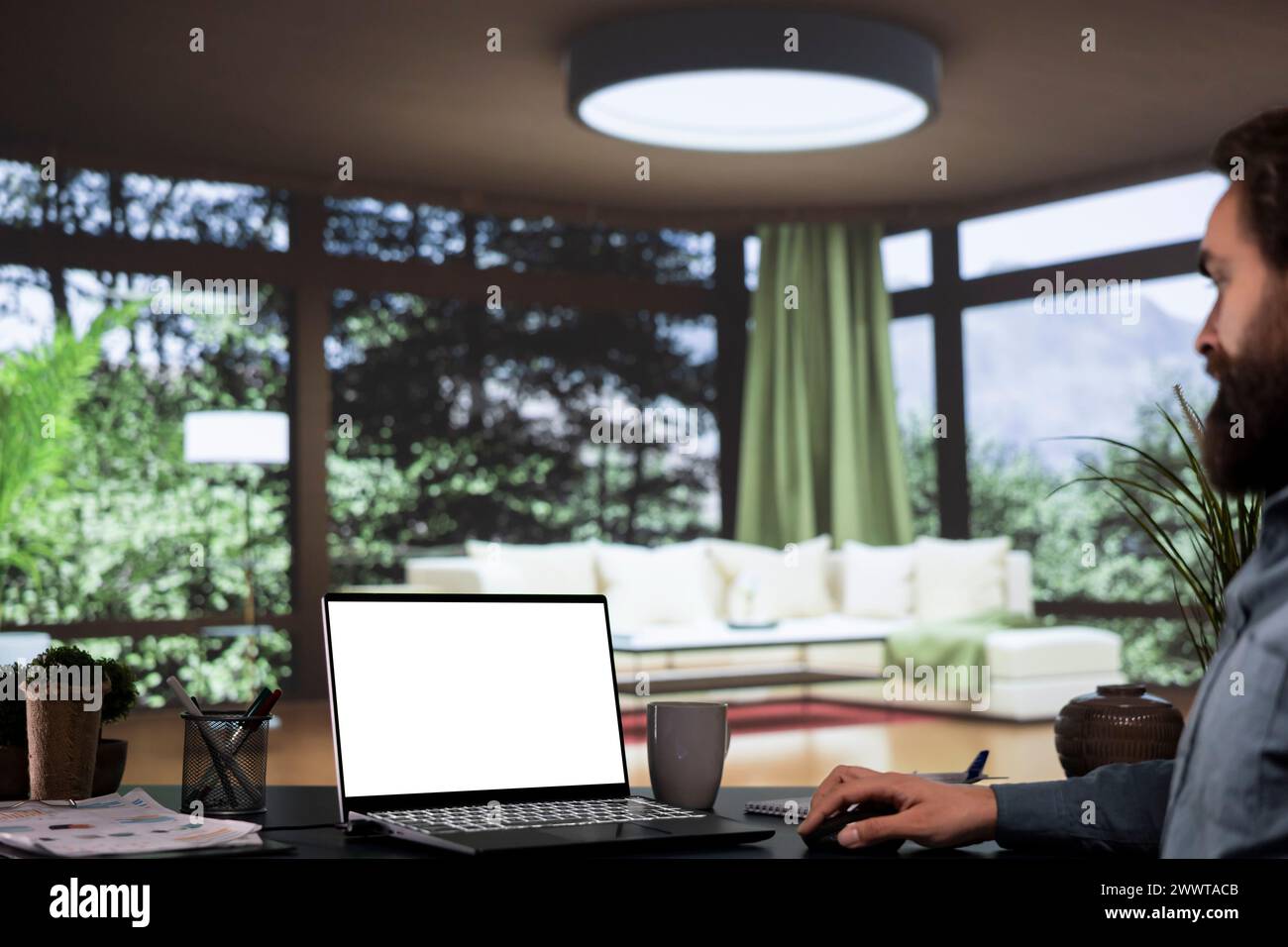 Influential CEO looks at laptop with white screen inside his posh villa ...