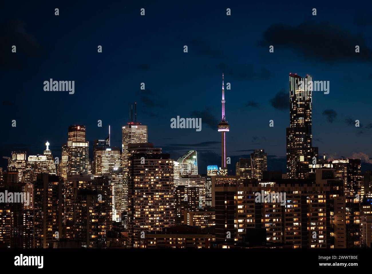 night Toronto city downtown skyline, twilight over CN Tower and ...