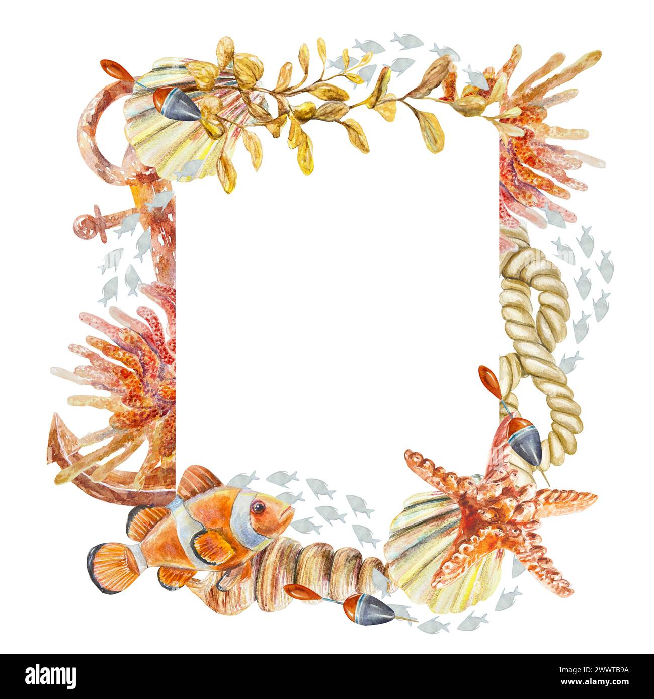 Marine frame, vertical. Seashells, clown fish, starfish, coral isolated ...