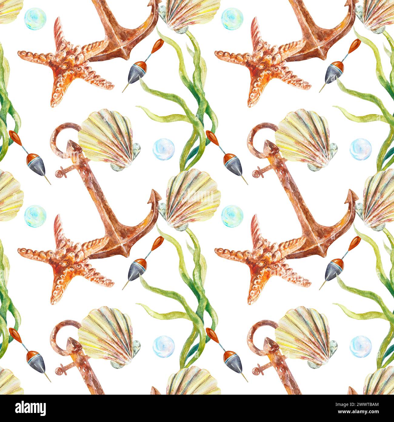 Seamless pattern with marine elements. Seashells, anchor, float ...