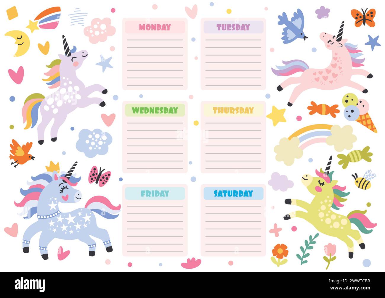 Cute four unicorns printable weekly planner vector Stock Vector Image ...