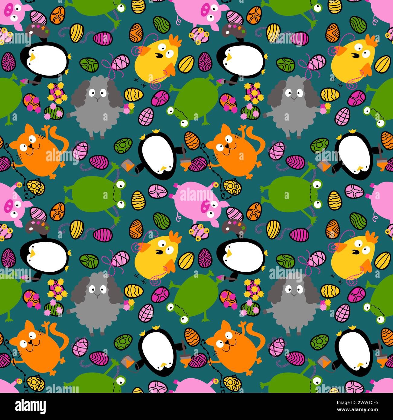 Easter animals and eggs seamless penguin and cats and frogs and chicken ...
