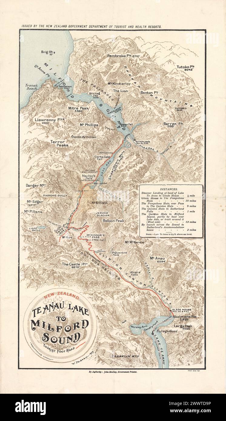 Vintage Map of the Milford Track. New Zealand, Te Anau Lake to Milford ...