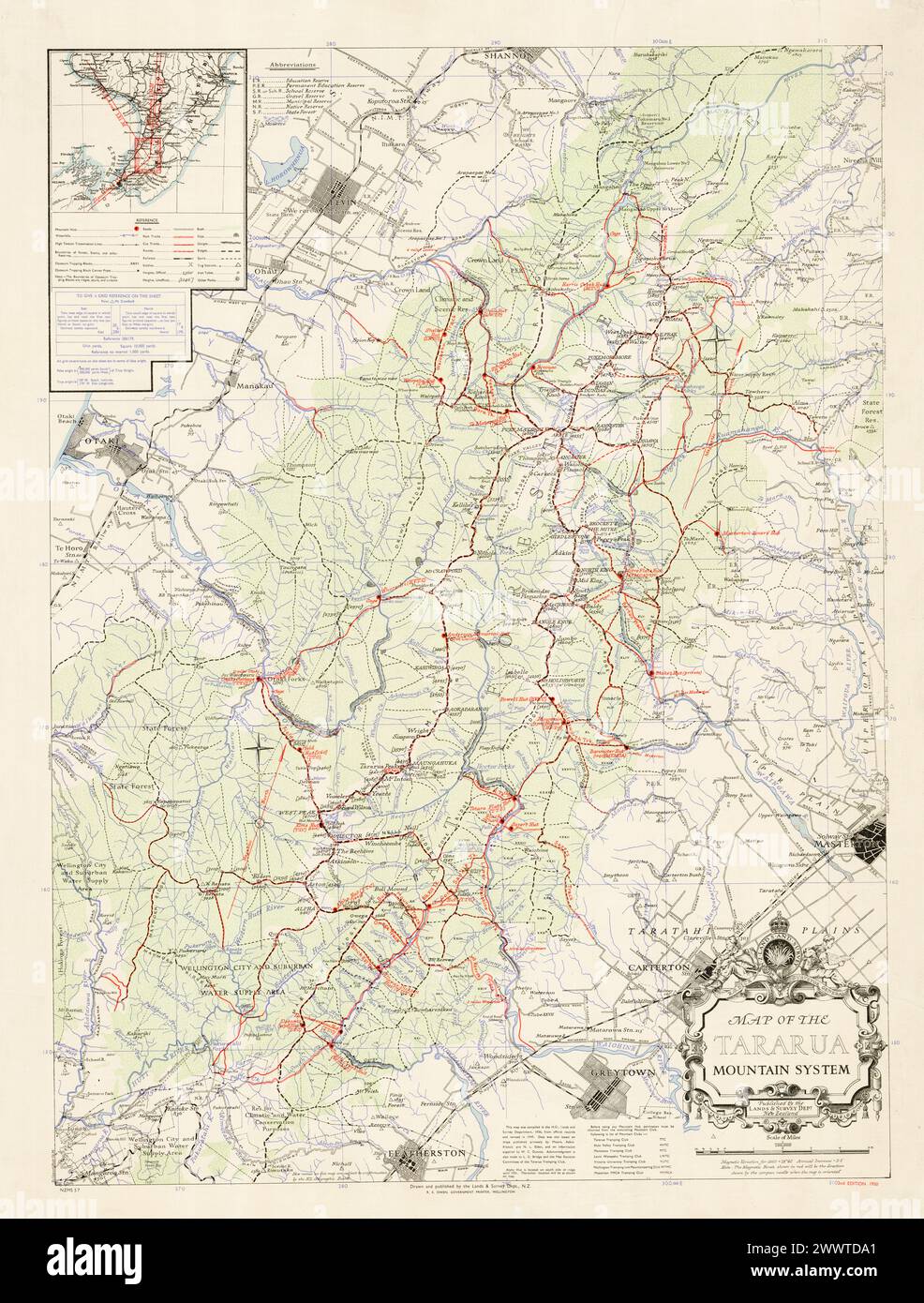 Vintage Map of the Tararua mountain system. Showing the Tramp routes of ...