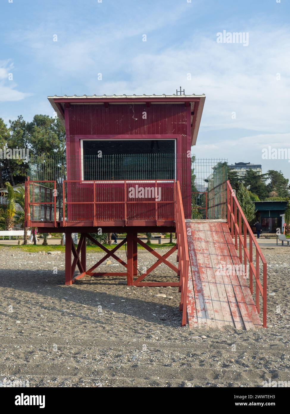 lifeguard booth on the beach is closed for the winter. The concept of ...