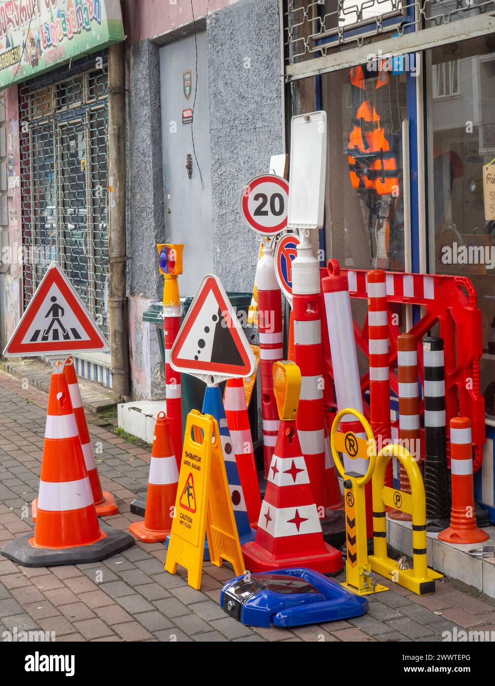 Sale of traffic cones and other limiters. Road signs in the store ...