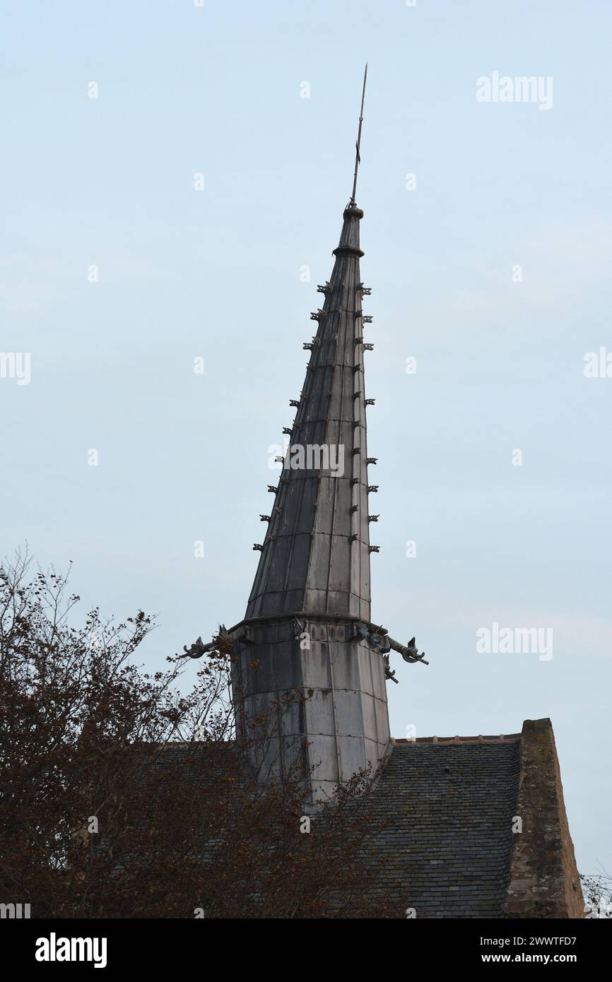leaning steeple of the Saint-Gonery chapel, France, Brittany ...