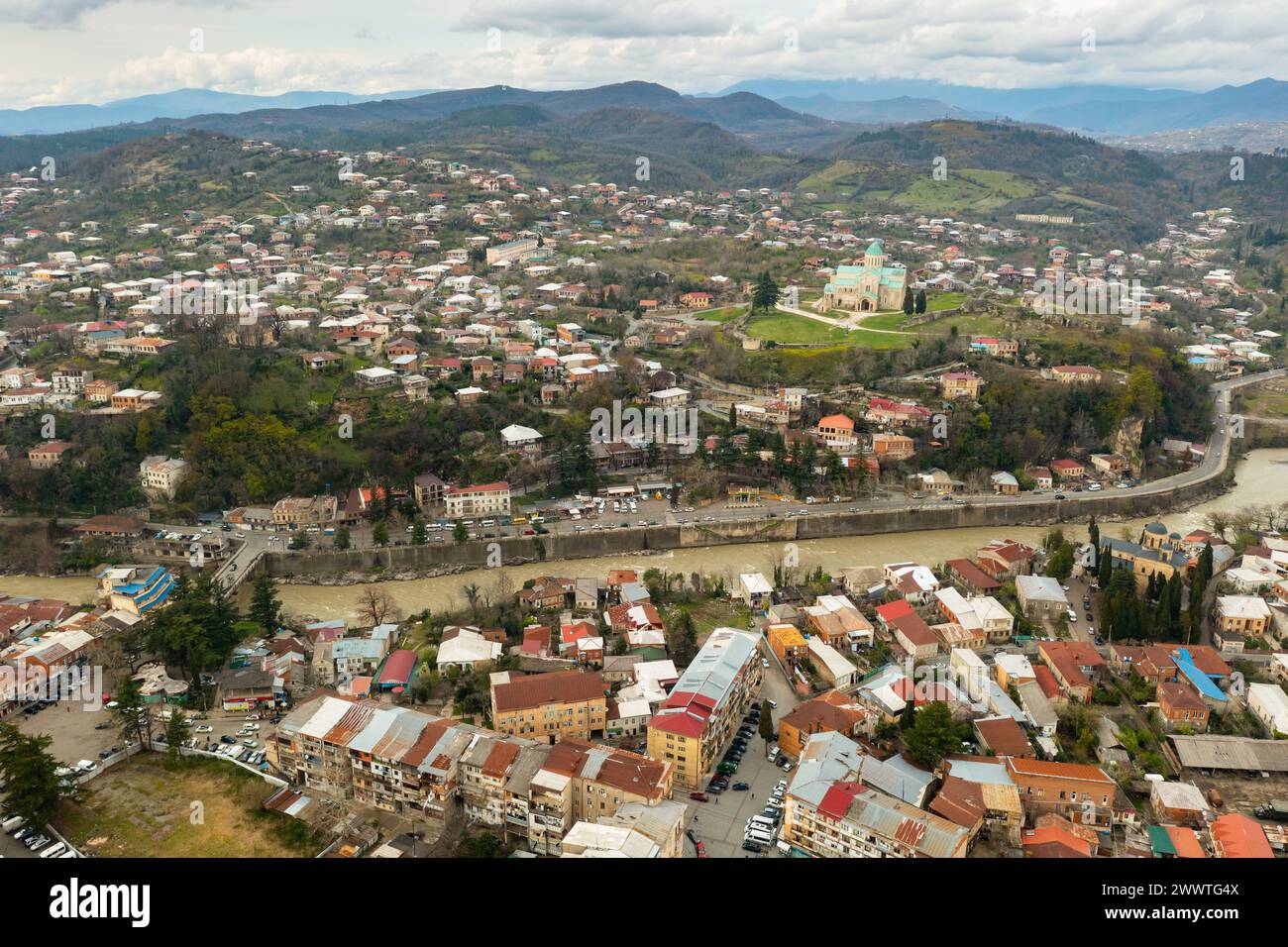 View from drone of historical districts of Kutaisi with Bagrati ...