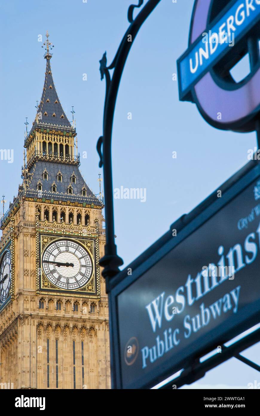 The Big-Ben and in foreground Westminster's underground sign entrance ...