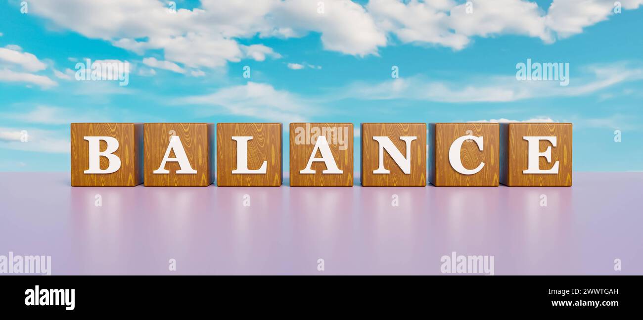 Balance Balance. Wooden dices with white capital letters and the word ...