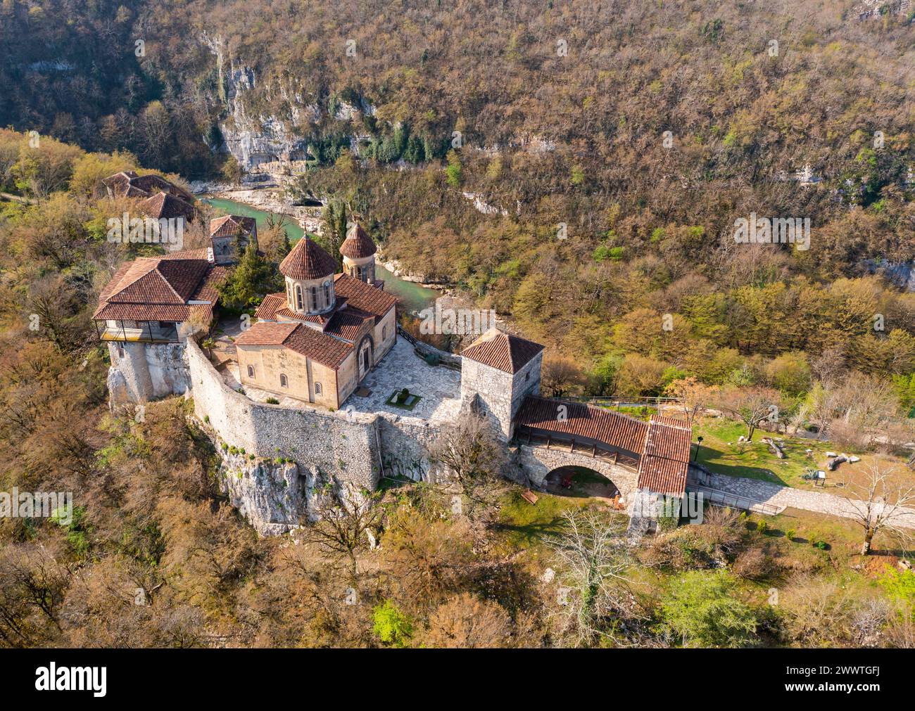 Motsameta monastery on cliff above Tskaltsitela river, Georgia Stock ...