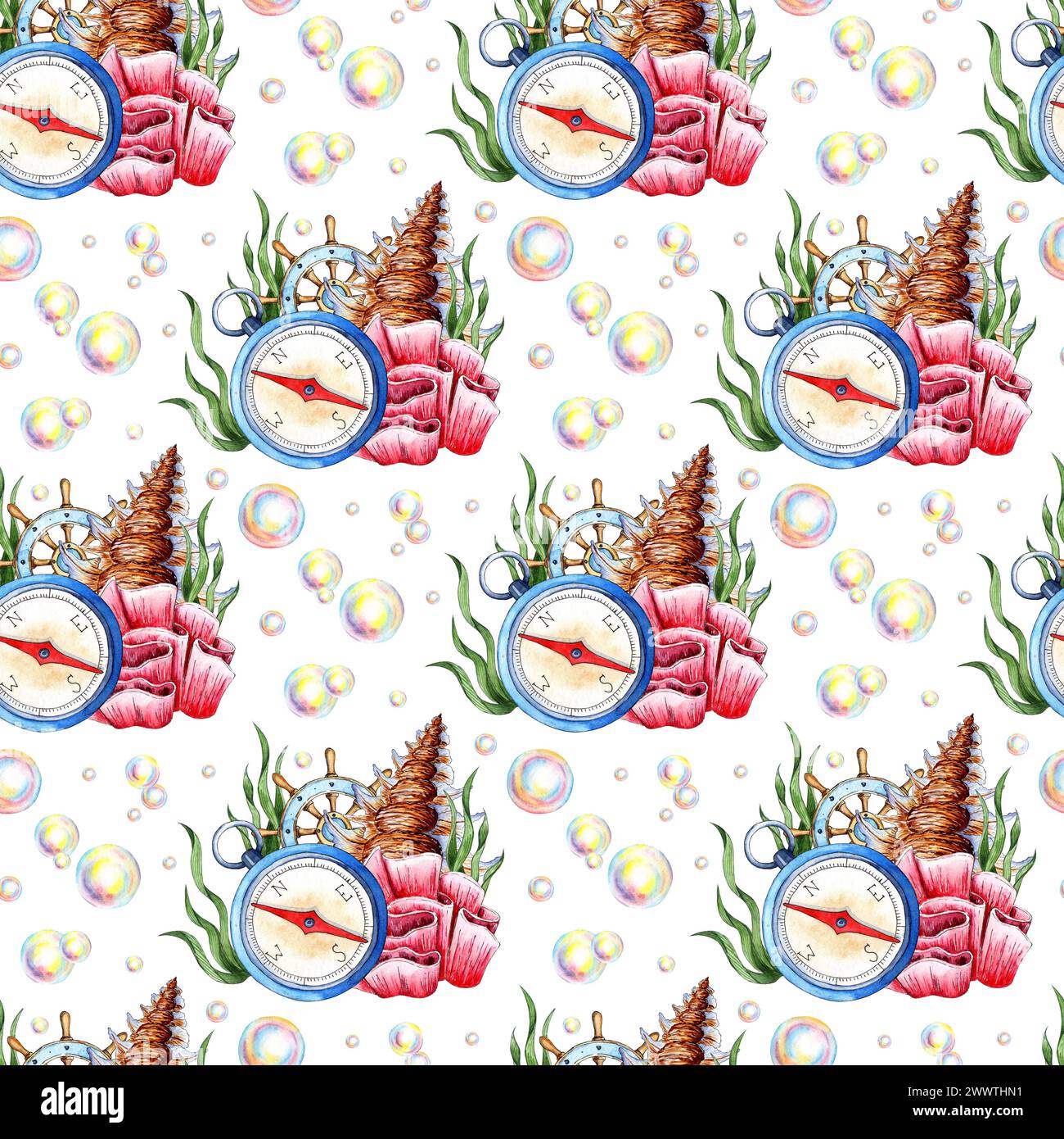 Watercolor illustration pattern on a marine theme. Compass, steering ...