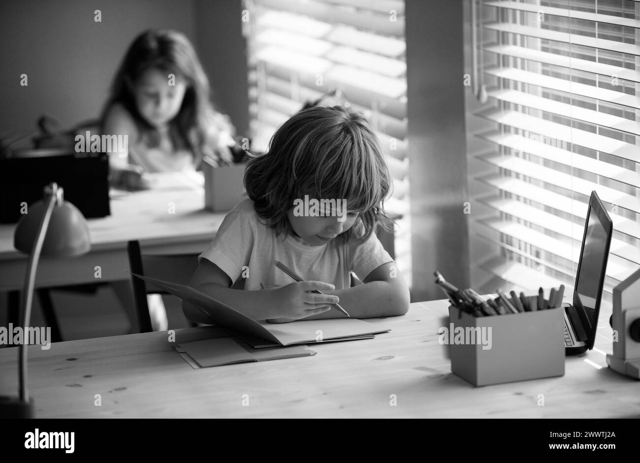 Schoolkids studying homework math during lesson at classroom, education ...