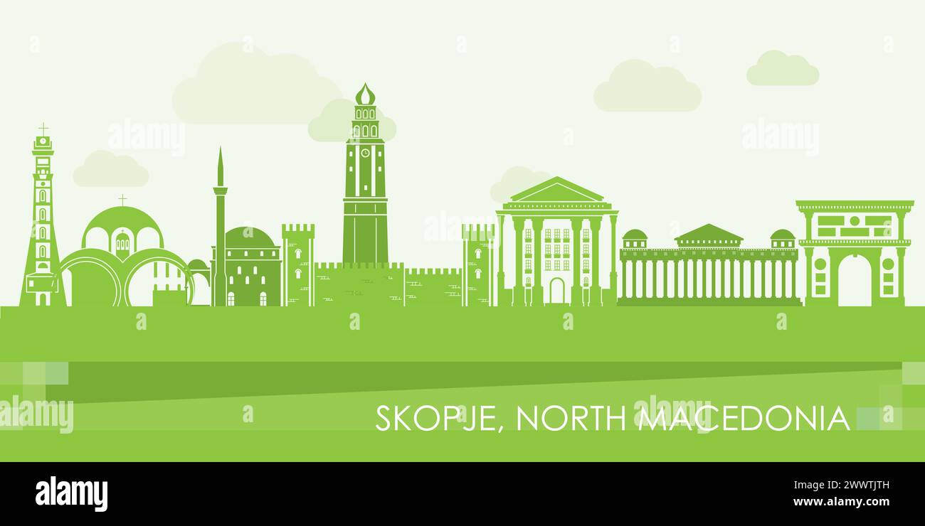 Green Skyline panorama of city of Skopje, North Macedonia - vector ...