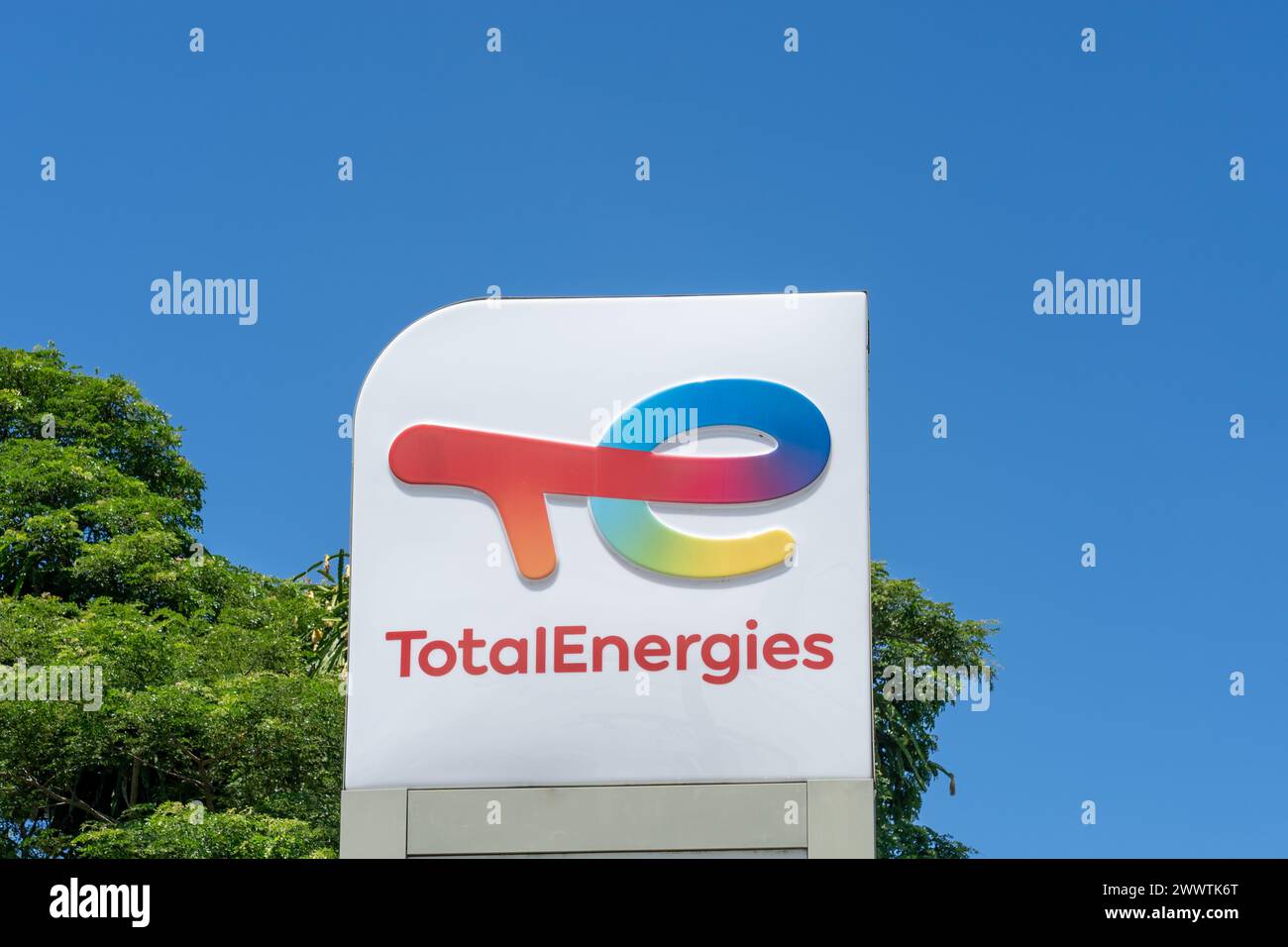 Close-up of TotalEnergies logo sign at a gas station in Nadi, Fiji ...