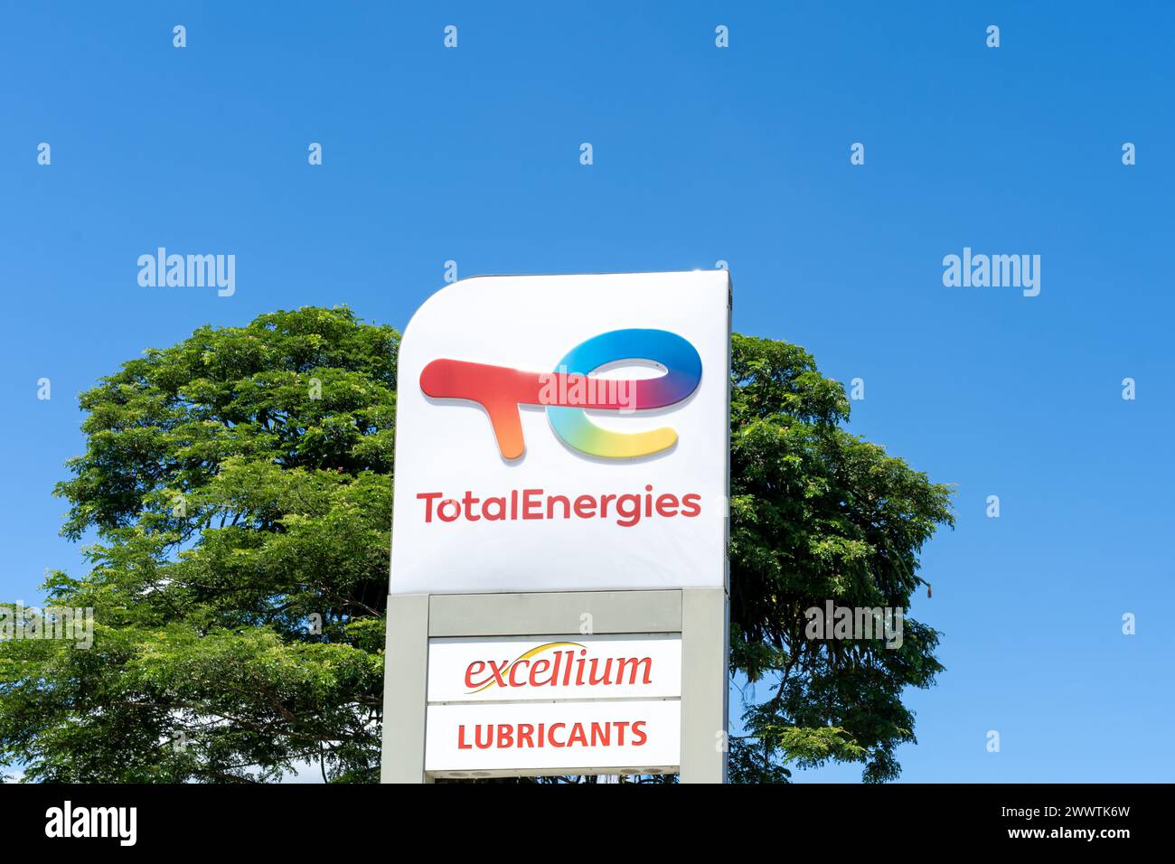 Close-up of TotalEnergies logo sign at a gas station in Nadi, Fiji ...